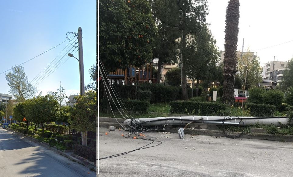 Κολώνα της ΔΕΗ έπεσε από τους ισχυρούς ανέμους στη Νέα Ιωνία